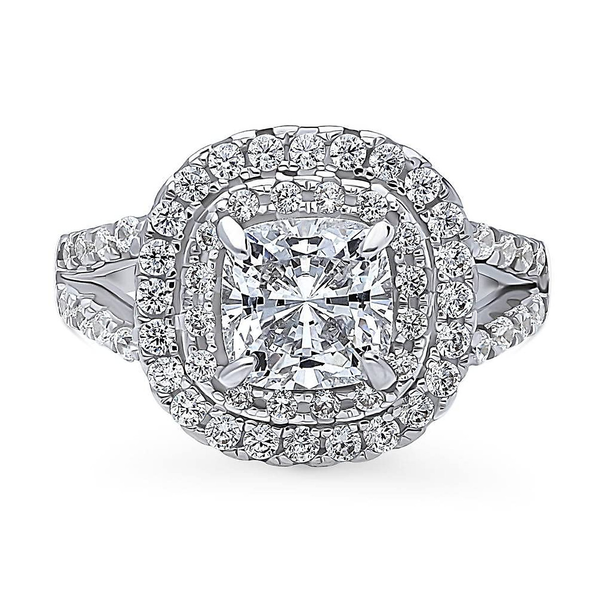 BERRICLE Sterling Silver Halo Wedding Engagement Rings Cushion Cut Cubic Zirconia CZ Statement Cocktail Split Shank Ring for Women, Rhodium Plated Size 6