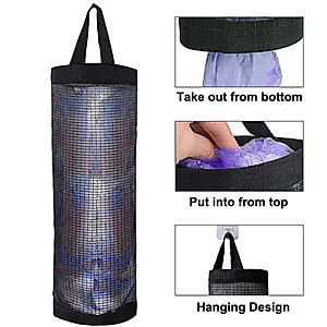 IUAIU Mesh Hanging Storage Dispenser, 3Pcs Plastic Bag Holder Breathable Mesh Hanging Storage Dispensers, Bag Holder for Plastic Bags, Foldable Breathable Storage Bag with Hook (Black-3pcs)