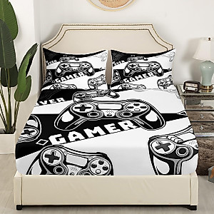 Erosebridal Gamer Fitted Sheet for Boys Girls Kids Teens,Video Game Bedding Set Twin Size,Gaming Bed Sheets Gamer Room Decor,White Black Gamepad Controller Bed Set with 1 Pillowcase