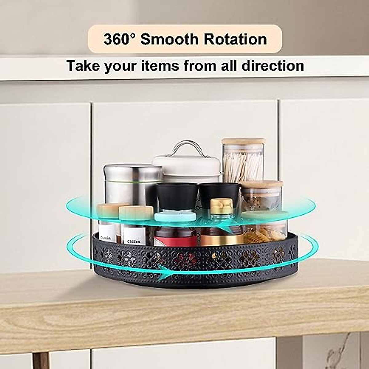 LEMIKKLE Lazy Susan Organizer for Cabinet Countertop 2 Pack, Kitchen Rotating Table Organzier Counter Tray, Turntable Refrigerator Organizer for Kitchen Pantry Vanity (Black 11"+12")