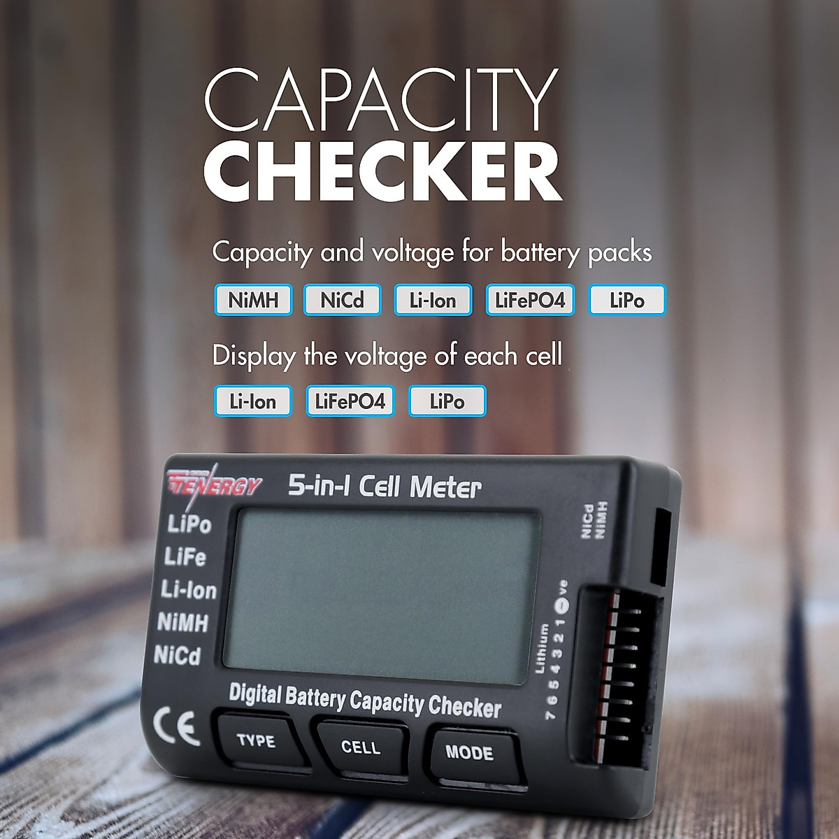 Tenergy 5-in-1 Battery Meter, Intelligent Cell Meter Digital Battery Checker/Balancer for LiPo / LiFePO4 / Li-ion/NiCd/NiMH Battery Packs