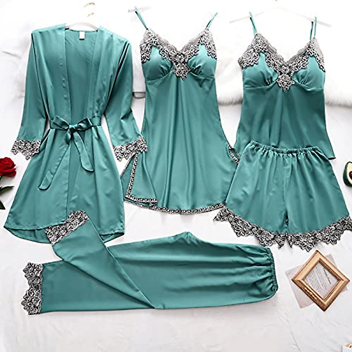 Pjs Nightwear Lace 5Pcs Pajama Women‘s Silky Set Sleepwear Sexy Set Pajama with 4 Piece Lingerie Set for (Green, L),Slips,green