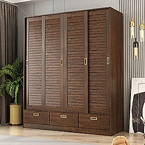Homsee Large Wardrobe Armoire with 4 Sliding Doors, 3 Drawers, Hanging Rods & Storage Shelves, Wooden Closet Storage Cabinet with Silver Handles for Bedroom, Brown (59.1”W x 20.9”D x 70.9”H)