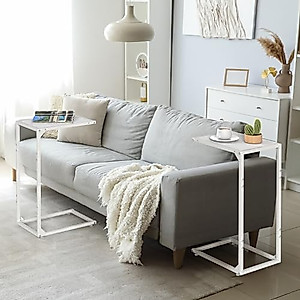 melos C Shaped End Table, Snack Side Table, C Tables for Couch, Couch Tables That Slide Under, for Living Room, Bedroom, White