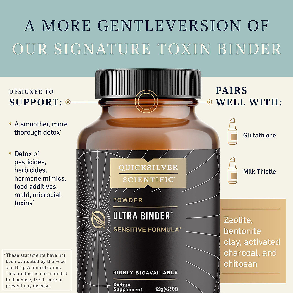 Quicksilver Scientific Ultra Binder Sensitive Formula - Gut Health Supplement with Activated Charcoal, Bentonite Clay - Cleansing Support Powder (120g)