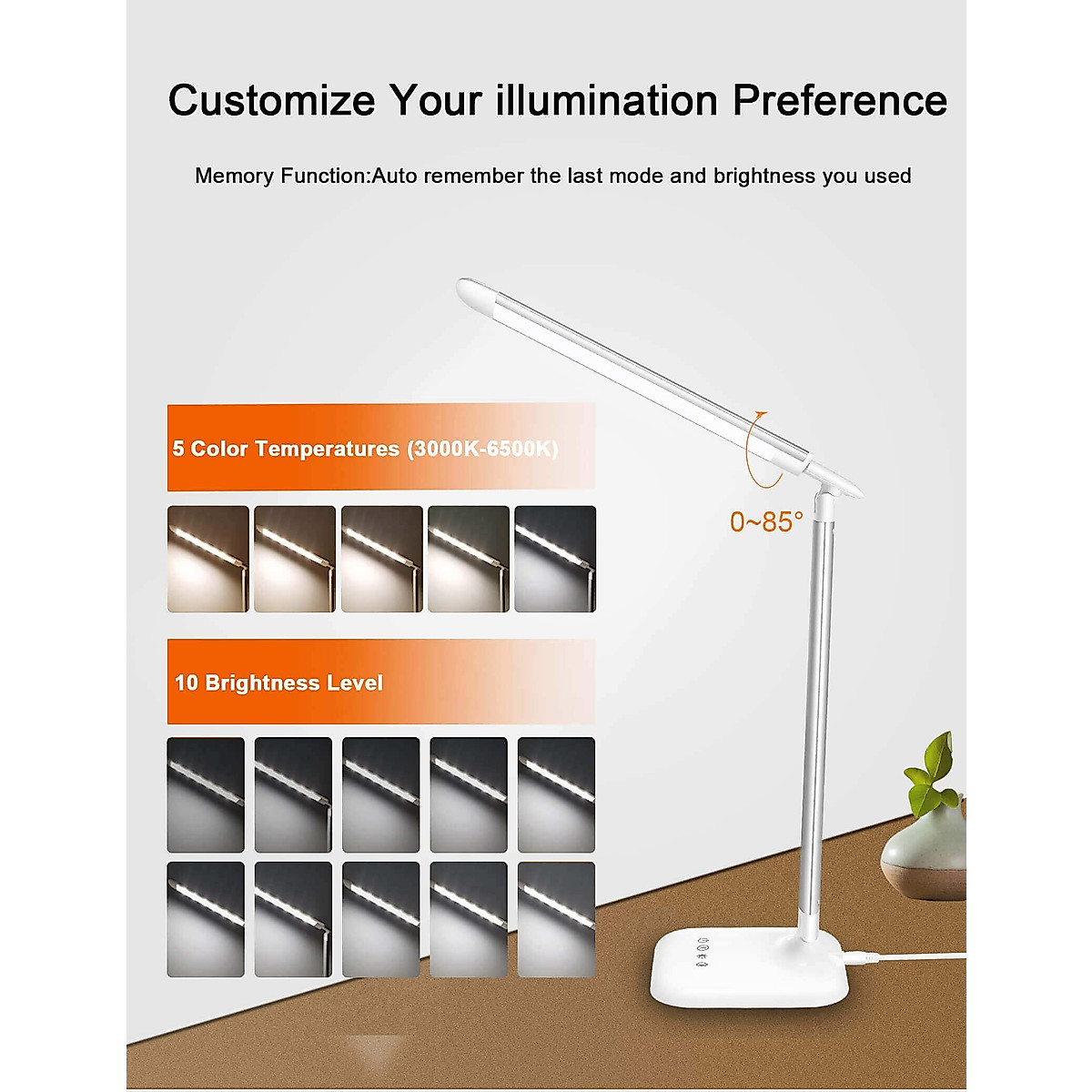 LED Desk Lamp for Home Office - Dimmable, Eye-Caring Reading Table Lamp, 5 Lighting Modes 10 Brightness Levels, Touch Control, 30/60 min Auto Timer