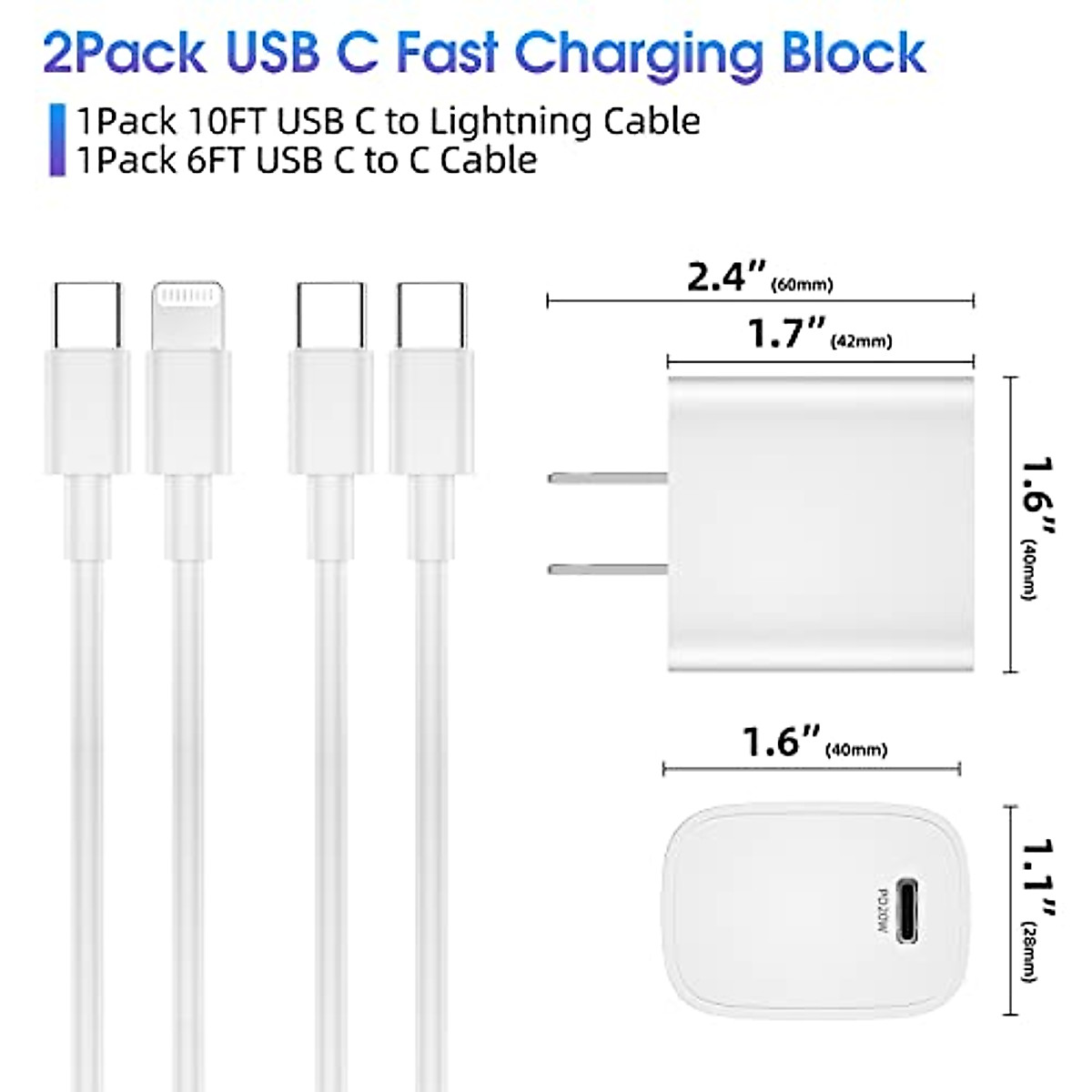 [Apple MFi Certified] iPhone 15/15 Pro/15 Max/15 Pro Max Fast Charger 2Pack, 20W PD Fast Type C Wall Charger with 6.6FT USB C Cable&10ft USB C to Lightning Cable, Fast Charger Block for iPhone/iPad