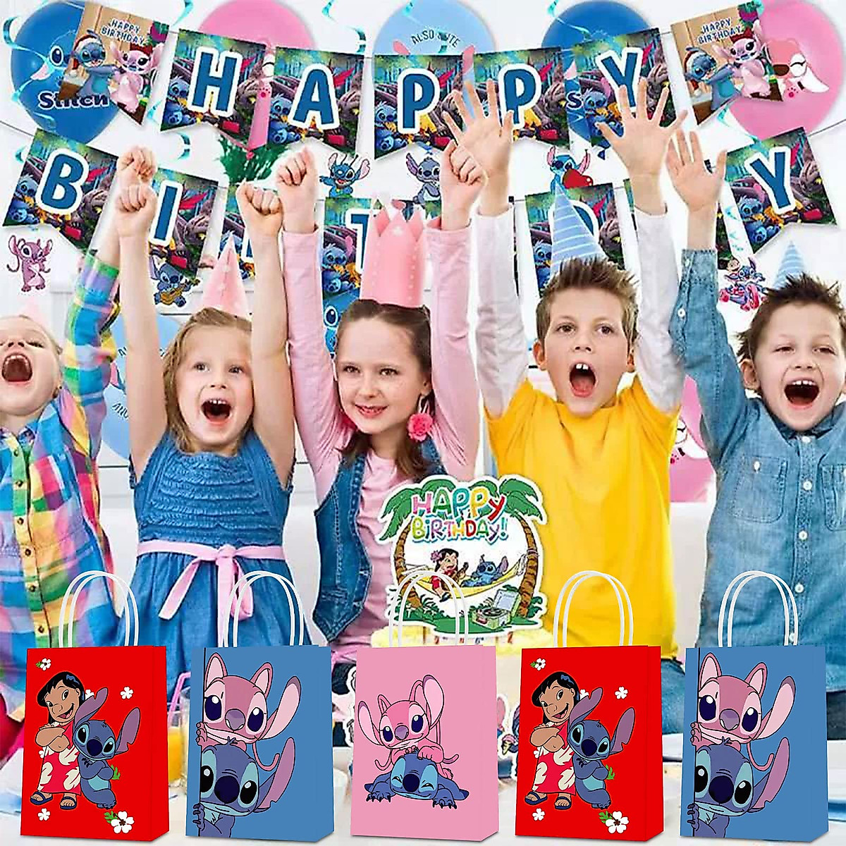 Thwae 15 Pcs Lilo & Stitch Party Paper Gift Bags, 3 Styles Party Favor Bags with Handles for Lilo & Stitch Party Decorations,