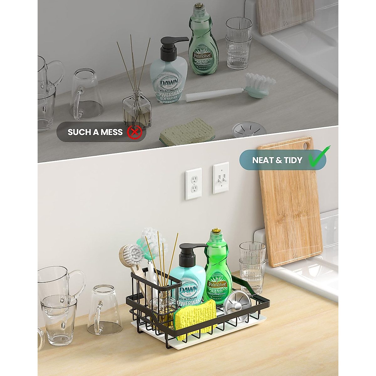 OHOBABY Sponge Holder for Kitchen Sink, Sink Caddy with Removable Drip Tray, Rustproof Stainless Steel Kitchen Sink Organizer with Dish Brush Holder for Countertop, Black (8.26'' X 5.51'' X 4.33'')