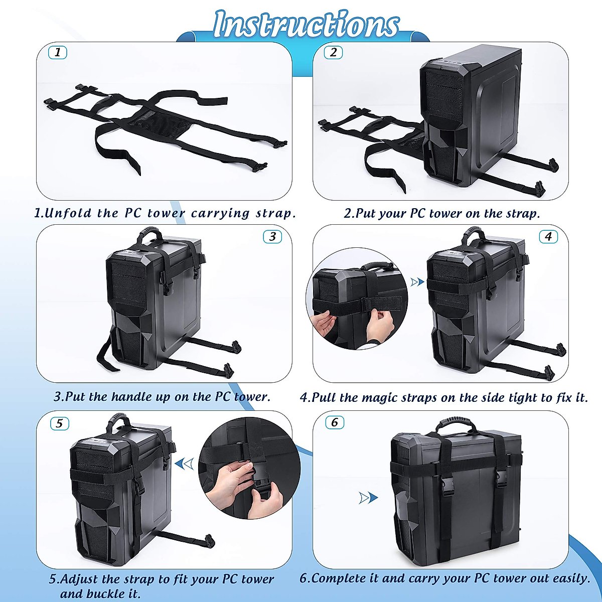 Trunab PC Tower Carrying Strap with Rubber Handle, Desktop Carrying Case Belt Computer Travel Holder with Pockets for Cable, Mouse, Ideal for Transporting On The Go - Patented Design