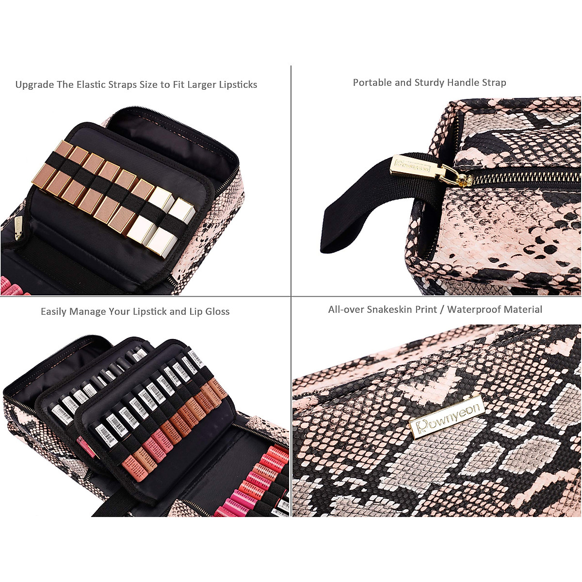 ROWNYEON Lipstick Organizer Bag Case Lipstick Holder 67 Slots Snake Print Portable Travel Makeup Bag Cosmetic Case Lipstick Carrying Case Makeup Storage Bag Case For Lip Gloss,Mascara-Pink PU Leather
