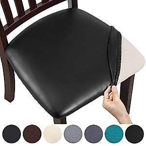 YISUN Chair Seat Covers Set of 6, Pu Leather Waterproof Dining Room Chair Covers, Stretch Chair Cover for Dining Room Chair Protector Slipcover for Kitchen, Hotel (Pu Black, 6)