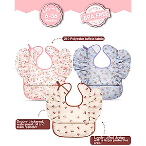 Lictin Baby Bibs for Girls Waterproof - 3 Pack Mess Proof Bib, Oil-proof Toddler Feeding Bib with Adjustable Closure, Baby Bibs for Eating 6-36 Months, Baby Food Bib Machine Washable