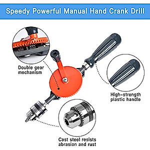 Hand Drill Akamino Powerful and Speedy Manual Hand Drill With Anti Slip Handle and S/S cast 5 Pieces Jaw Chucks for Wood Plastic Acrylic