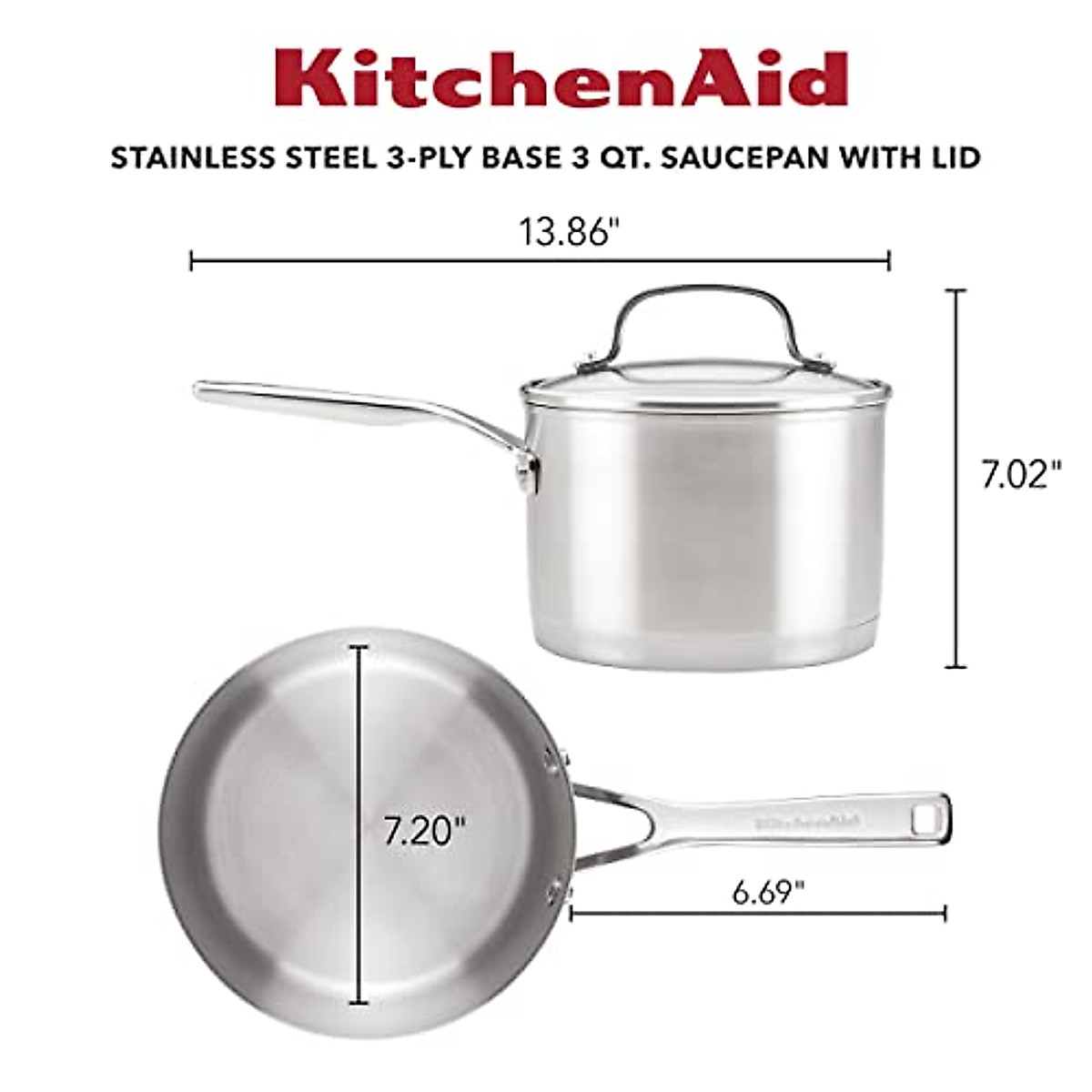 KitchenAid 3-Ply Base Brushed Stainless Steel Sauce Pan/Saucepan with Lid, 3 Quart