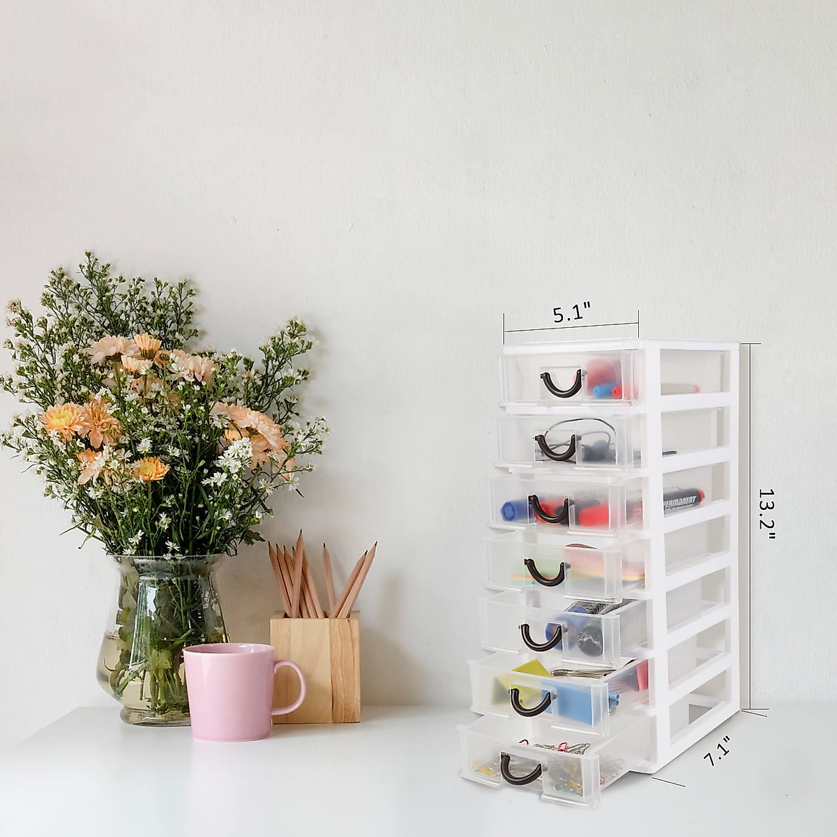 Rempry 7.1"x5.1"x13.2" Mini Organizer Box Storage Container Case with 7 Clear Desktop Drawer Units,White