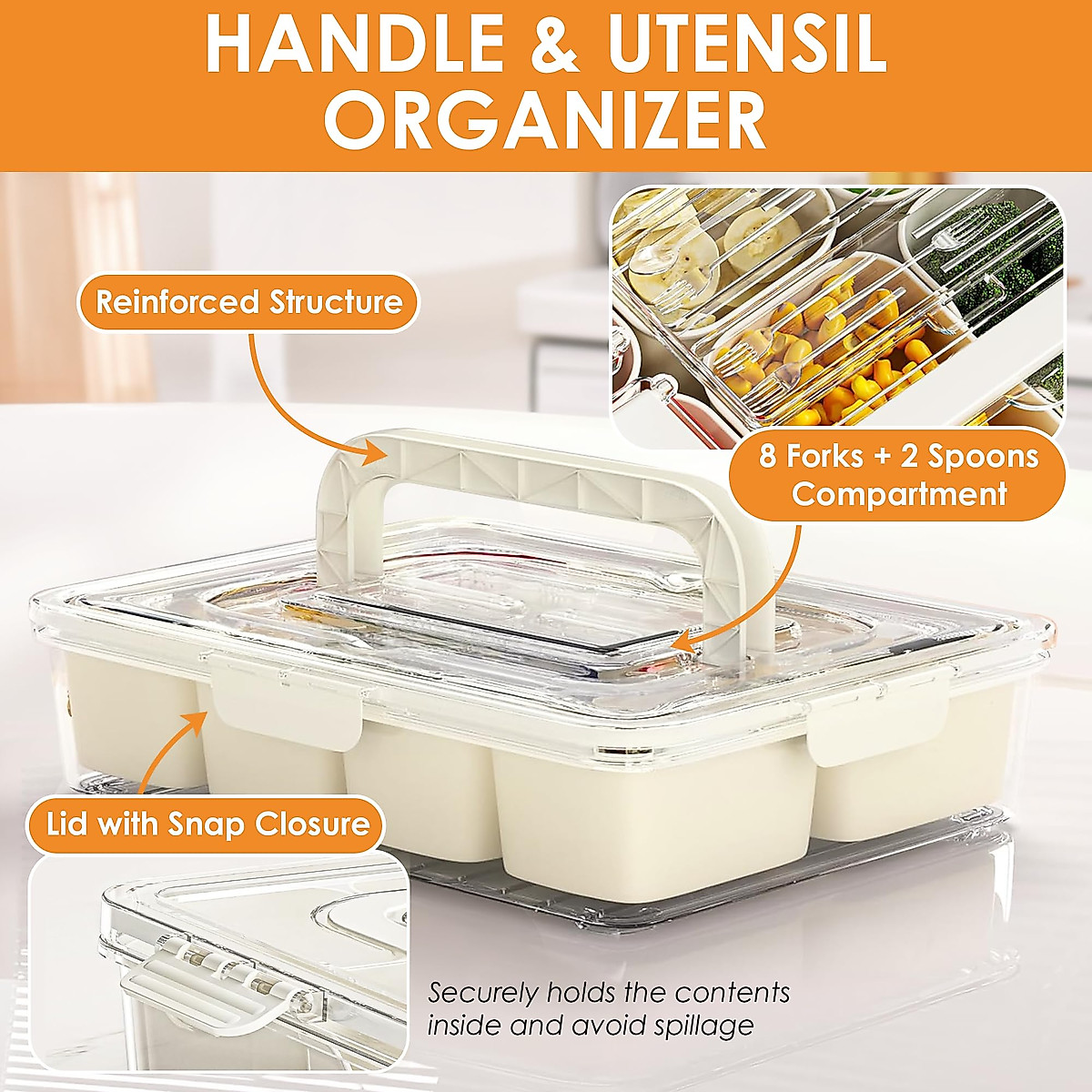 Hermit Home Snackle Box with Lid and Handle - Snack Containers, Charcuterie Platters, Clear Organizer for Candy, Fruits, Nuts, Snacks - with 8 Forks and 2 Spoons