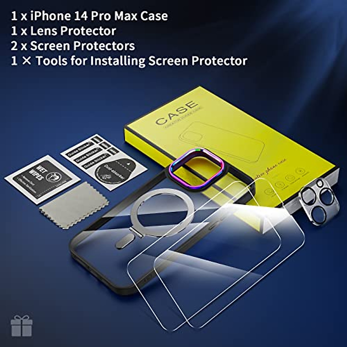 Facweek Designed for iPhone 14 Pro Max Case Clear, Invisible Magnetic Stand Case [Compatible with MagSafe] with Colorful Camera Bezel [1x Lens Protector+2X Screen Protector] 6.7 Inch, Clear and Black