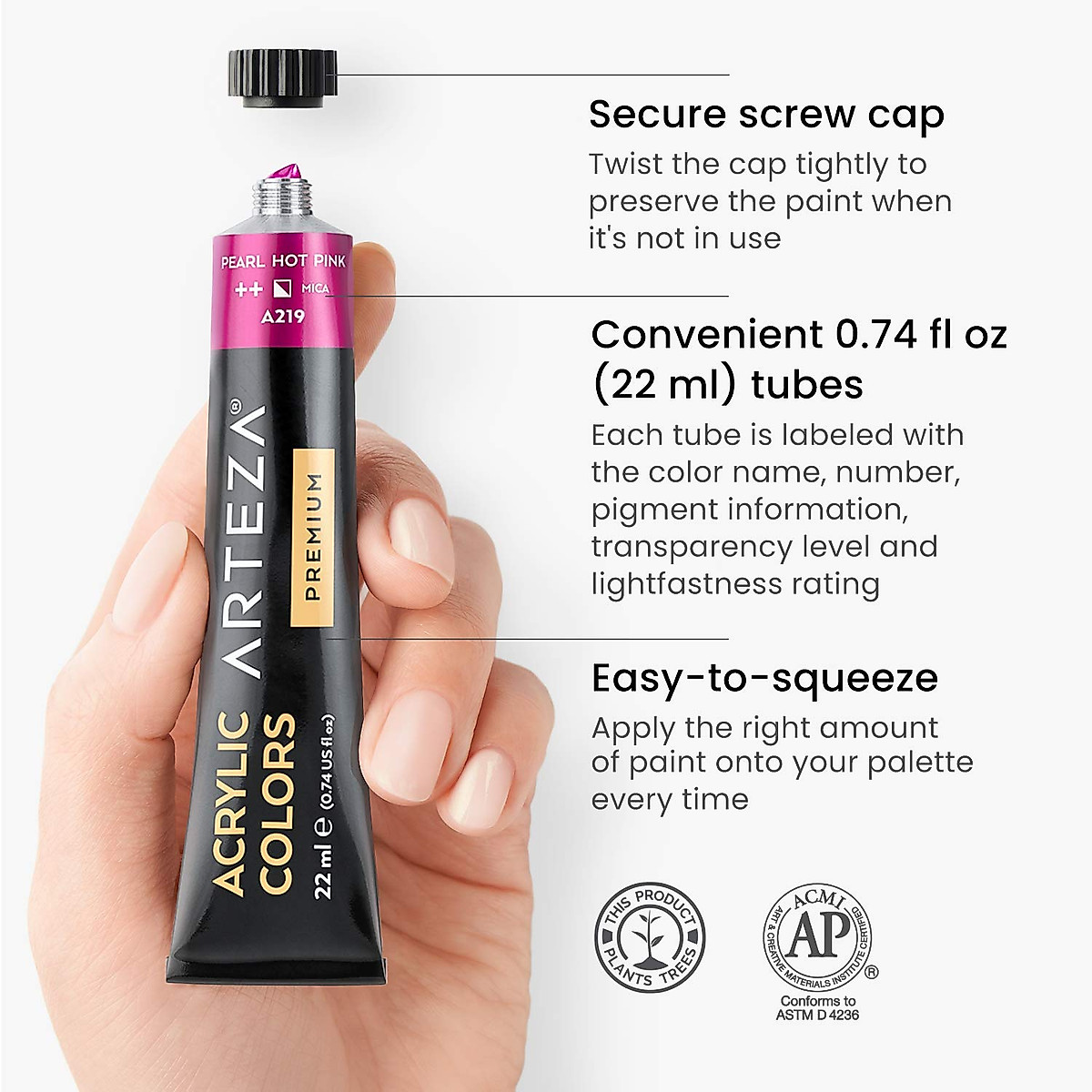 ARTEZA Metallic Acrylic Paint Set of 36 Colors, 0.74 ounce Tubes Non Toxic Artist Paints for Hobby Painters, Art Supplies for Canvas Painting