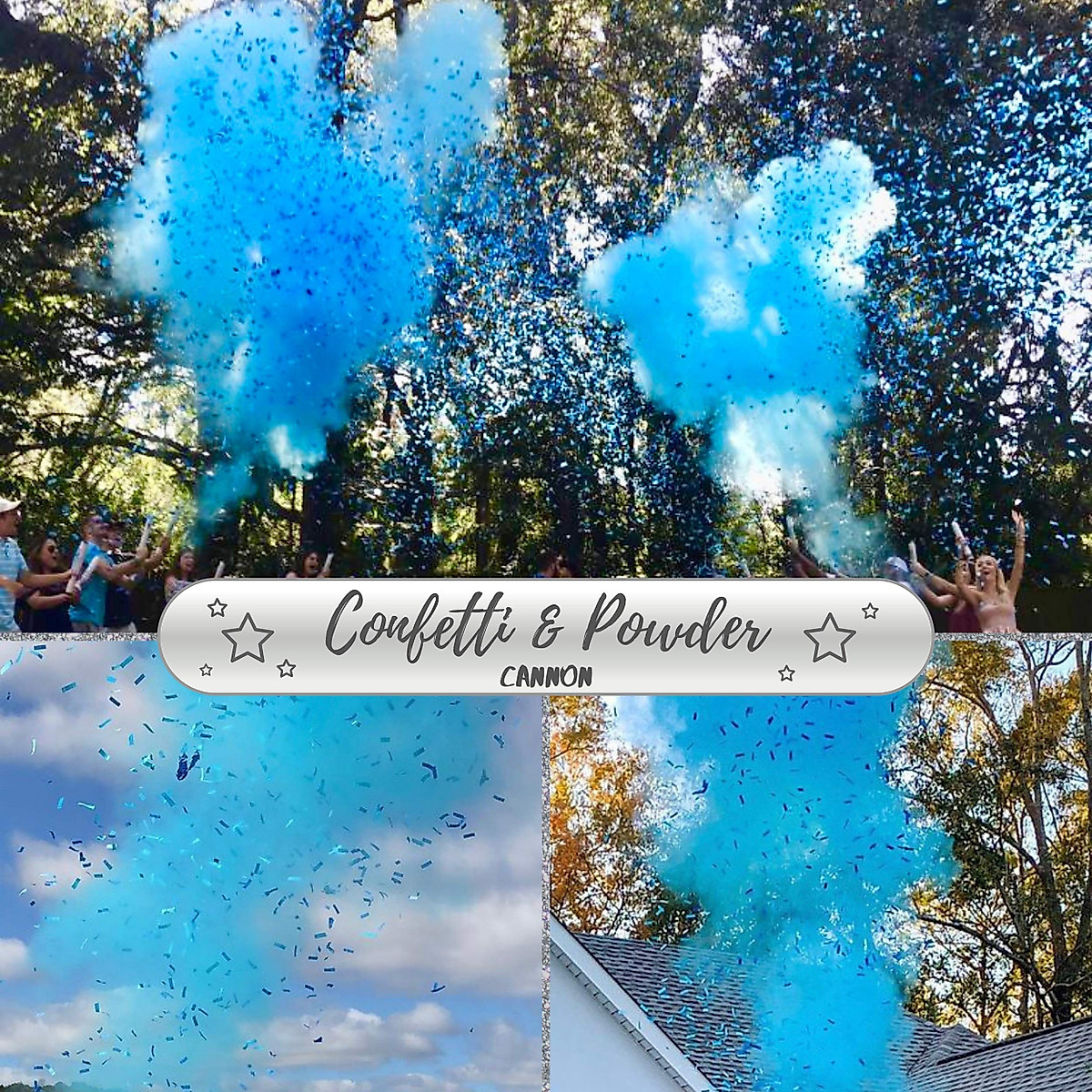 Gender Reveal Confetti Powder Cannon - 4 Blue Poppers - Gender Reveal Party Supplies - Smoke Powder & Confetti Sticks Cannons - Gender Reveal Stickers 40pcs (20 Girl 20 Boy)