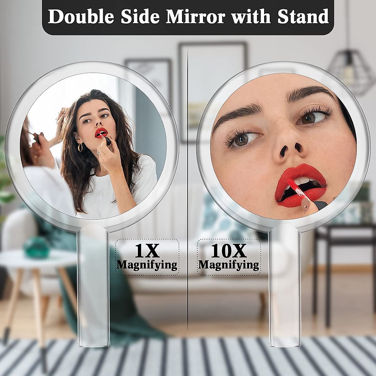 Queekay Double-Sided Handheld Mirror with Stand, 1X/10X Magnifying Mirror, Clear Adjustable, Round Shape, 25.8 x 15 cm
