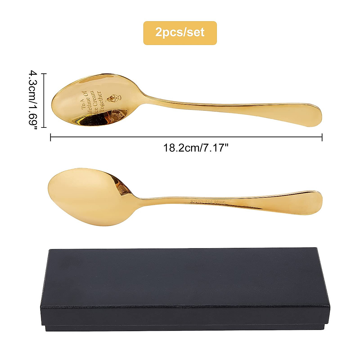 GLOBLELAND 2Pcs To A Lifetime of Ice Cream Together Spoon with Gift Box Golden Engraved Stainless Steel Table Spoons for Friends Families Festival Christmas Birthday Wedding,7.2''