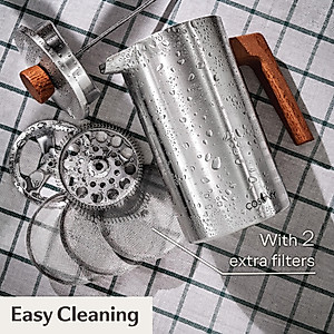 French Press Coffee Maker 34 oz - Made of Stainless Steel & Sustainable Oak Wood - Double-Walled Insulated - 2 Additional Filters - For 5 Cups