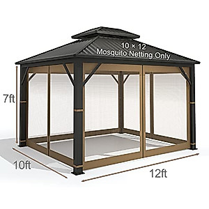 Gazebo Universal Replacement Mosquito Netting – Hugline 10' x 12' Outdoor Mesh Netting Screen 4-Panel Sidewall Curtain with Zipper (Khaki)
