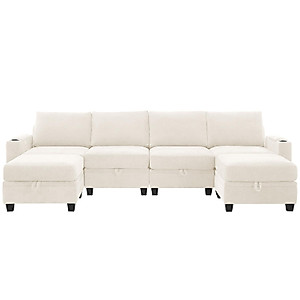 Bumblr 117.4" Convertible Sectional Couch with Storage Seat, 6 Seat Modern U Shaped Sectional Sofa with Double Reversible Chaise, Comfy Chenille Armrest Storage and Cup Holder for Living Room, Beige