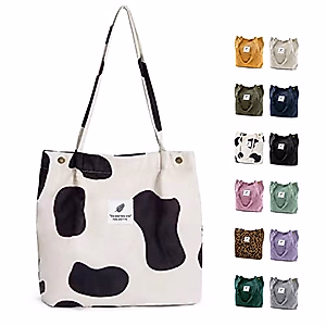 Tellumo Fashion Tote Bag for Women Girl Corduroy Shoulder Cord Purse with Inner Pocket (Cow Pattern)