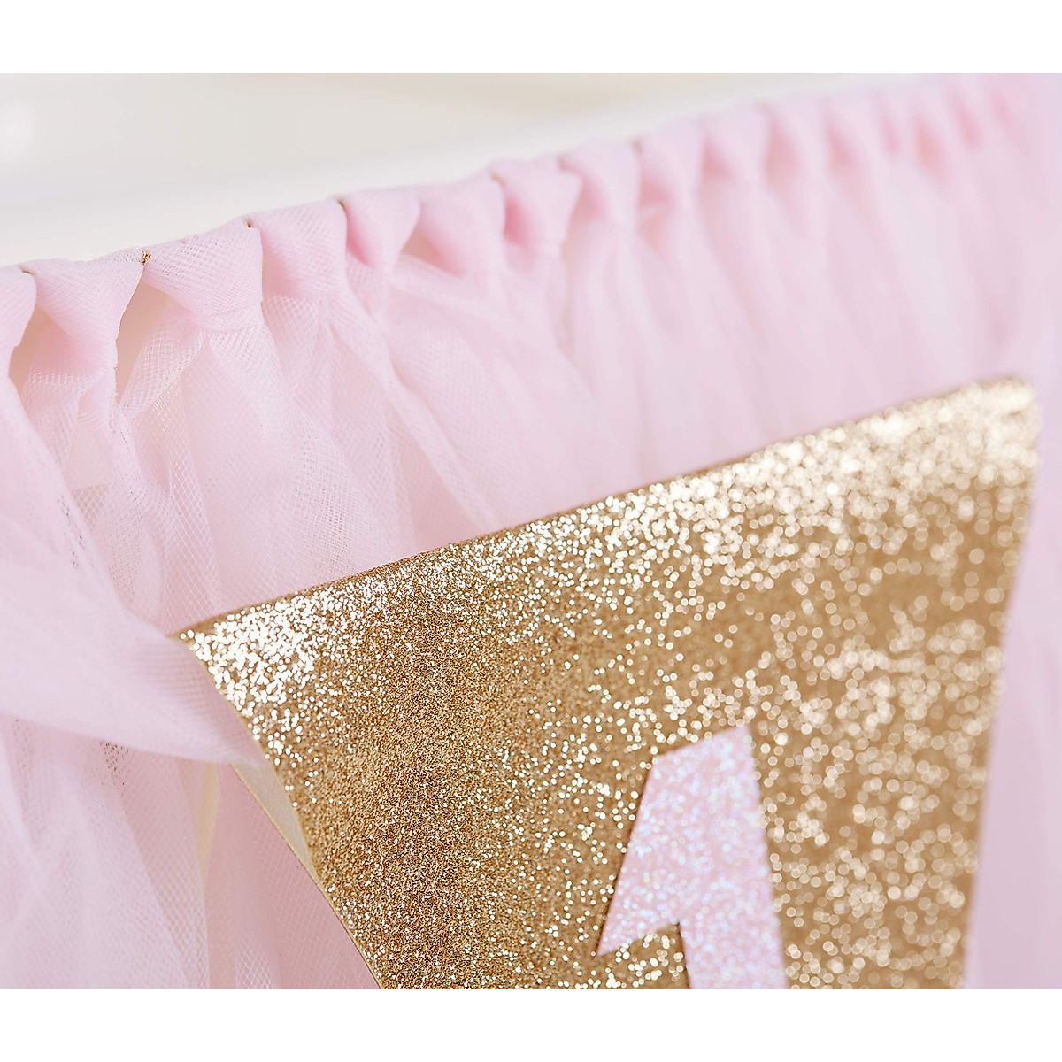 1st Birthday Girl Decoration High Chair Tutu Skirt WITH No.1 Crown -1st Birthday Decorations Cake Smash for Baby Girls - First Birthday Banner, Princess Crown and 'ONE' Cake Topper in Baby Pink n Gold