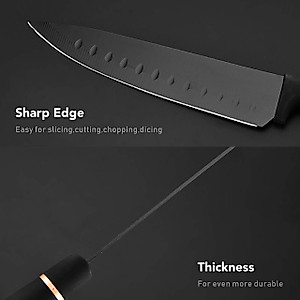 elabo 5 Pieces Black Kitchen Knife Set - Stainless Steel Non Stick Coating Knives, Includes 6'' Chef Knife, 7'' Santoku Knife, 7" Slicer Knife, 5''Utility Knife and Ceramics Peeler, Rose Gold