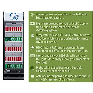 Elite Kitchen Supply Commercial Glass Door Merchandiser Refrigerator, ETL NSF Upright Display Fridge Cooler, Fan Cooling Stainless Steel, Black, 27" W 14.7 cu. ft. GDC-14
