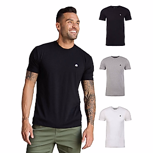 INTO THE AM Men's Fitted Crew Neck Logo Basic Tees 3-Pack - Modern Fit Fresh Classic Short Sleeve T-Shirts for Men (Black/Grey/White, Large)