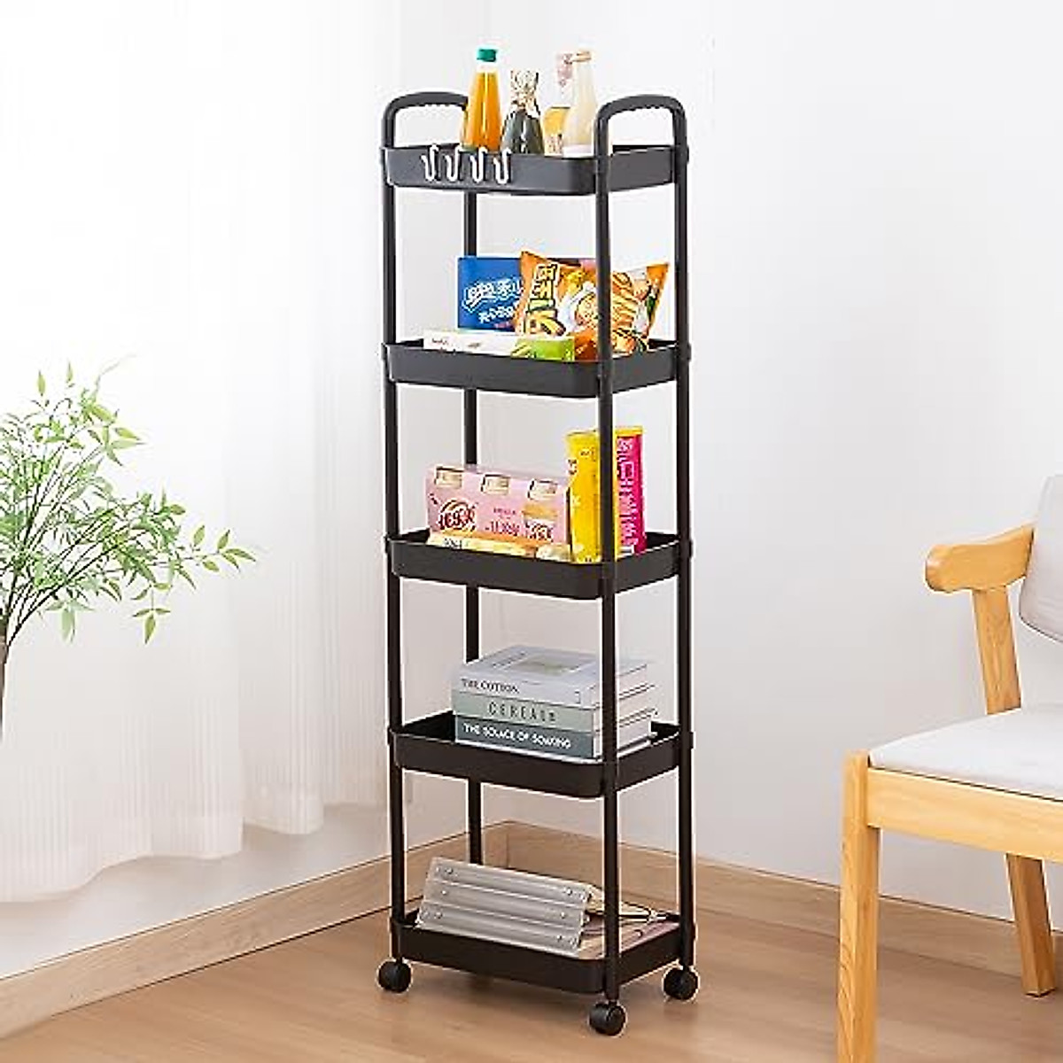 Gagee 5 Tier Rolling Cart with Wheels and Handle,Rolling Storage Cart for Office, Living Room, Laundry Room,Kitchen,Bathroom,Black