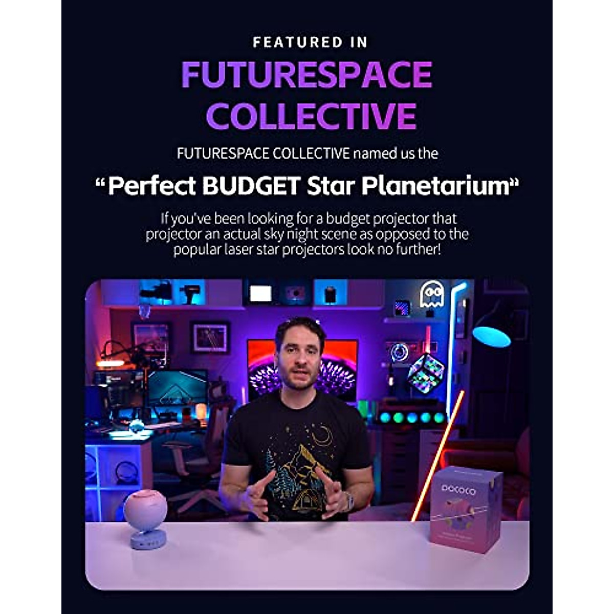 POCOCO Galaxy Projector, Gaming Desk Accessories for PC Setup, Real Planetarium Star Projector with Rechargeable Battery, Birthday Gift Ideas for Men Women Kids, Night Lights for Stress Relief (Black)