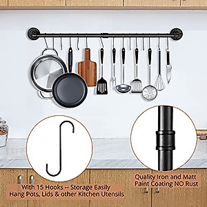HOMGEN Kitchen Utensils Rack, 100cm Kitchen Retro Rail Wall Mounted Rack with 15 Hooks Organiser Kitchen Utensils Rack Mugs Wall Mounted Hanging Rail Rack Kitchen Pot Pan Hanging Rack for Kitchen