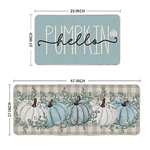 Artoid Mode Buffalo Plaid Hello Pumpkin Eucalyptus Fall Kitchen Mats Set of 2, Home Decor Low-Profile Kitchen Rugs for Floor - 17x29 and 17x47 Inch