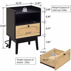 Lomojo Rattan Nightstand Set of 2, Bedside Table with Charging Station, Modern Night Stand,Wood Boho Side Table,Mid Century Small End Table with Drawer for Bedroom (black2)