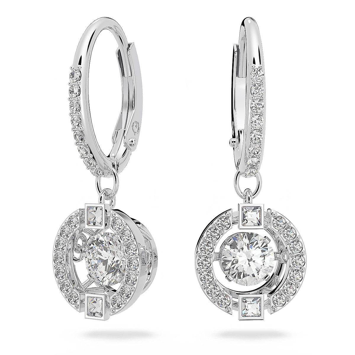 Swarovski Una Drop Pierced Earrings with Crystal Pavé Surrounding a Round, White Floating Stone on a Rhodium Finished Setting