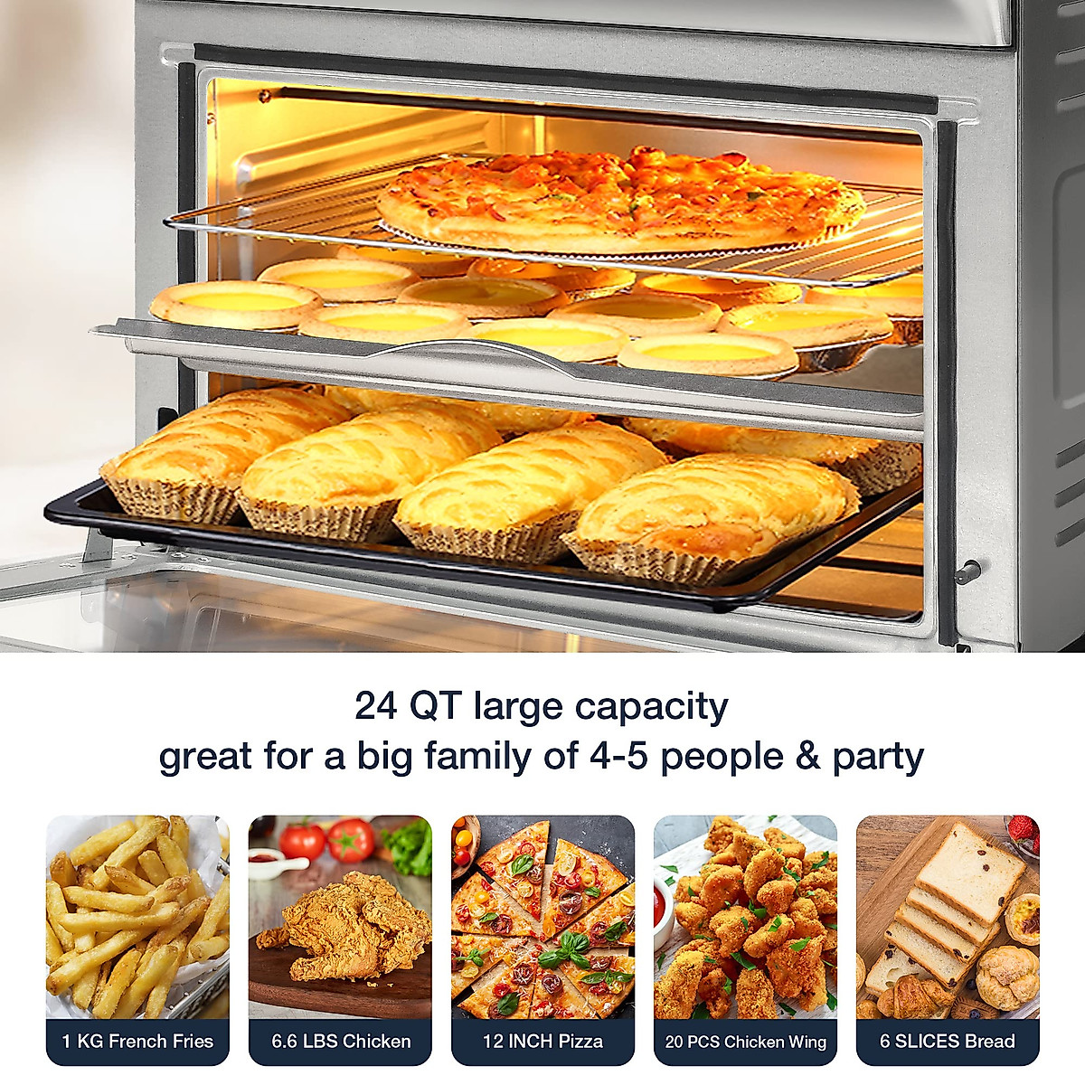 E-Macht Air Fryer Ovens Countertop, Convection Toaster Oven with 10 Cooking Functions, 6-Slice Toast &12-Inch Pizza Capacity, 6 Accessories Included, Auto Shut off, 24 Quart