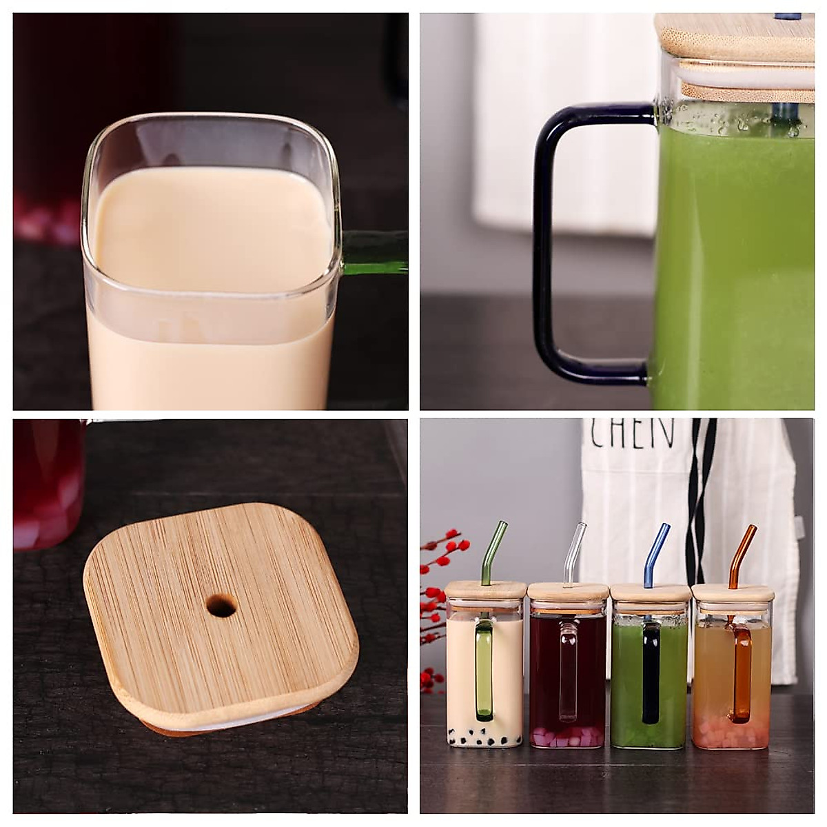 SAIOOL Glass Cups Set 4 Pack - 17oz Wide Mouth Mason Jar Drinking Glasses with Bamboo Lids & Straws and Square Color Handle Cup ,Beer, Iced Coffee, Ideal for Cocktail, Whiskey, Gift