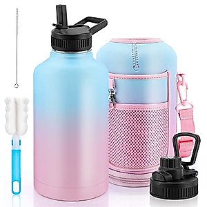BicycleStore 64 OZ Insulated Water Bottle with Straw and Strap, Half Gallon Stainless Steel Water Bottle Leak Proof Double Vacuum Metal Water Jug Giant Water Flask with 2 Lid for Travel Runing Fitness