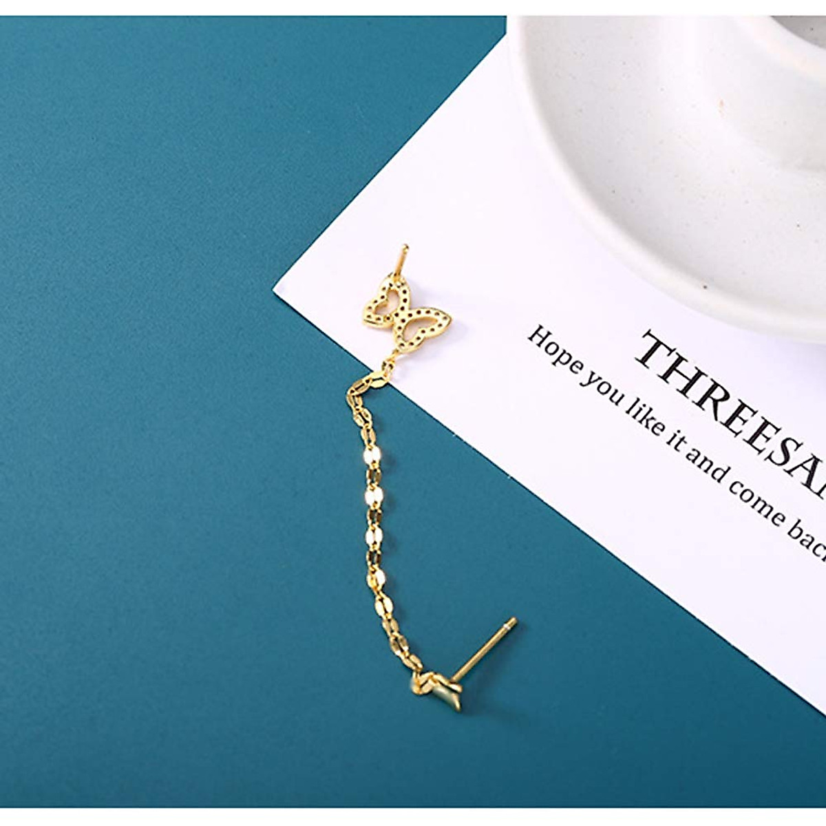 Double Butterfly Chain Cuff Wrap CZ 925 Sterling Silver Stud Crawler Climber Earrings for Women Cartilage Threader Tassel Dangle Hypoallergenic Cute Animal Gifts for Bff Birthday (Gold)