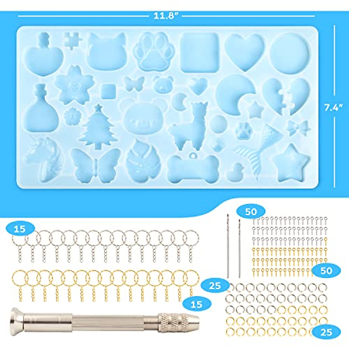 Mocoosy 182Pcs Resin Molds Silicone Kit for Beginners, 32 Cavities Pendants Molds for Epoxy Resin Casting, Variety Shaped Keychain Making Set DIY Ornaments Crafts Supplies