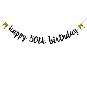 ABCpartyland Happy 50th Birthday Banner, Pre-Strung, 50TH Birthday Party Garlands Bunting Sign Photo Props Backgrounds, Black, 118 inches x 5.6 inches