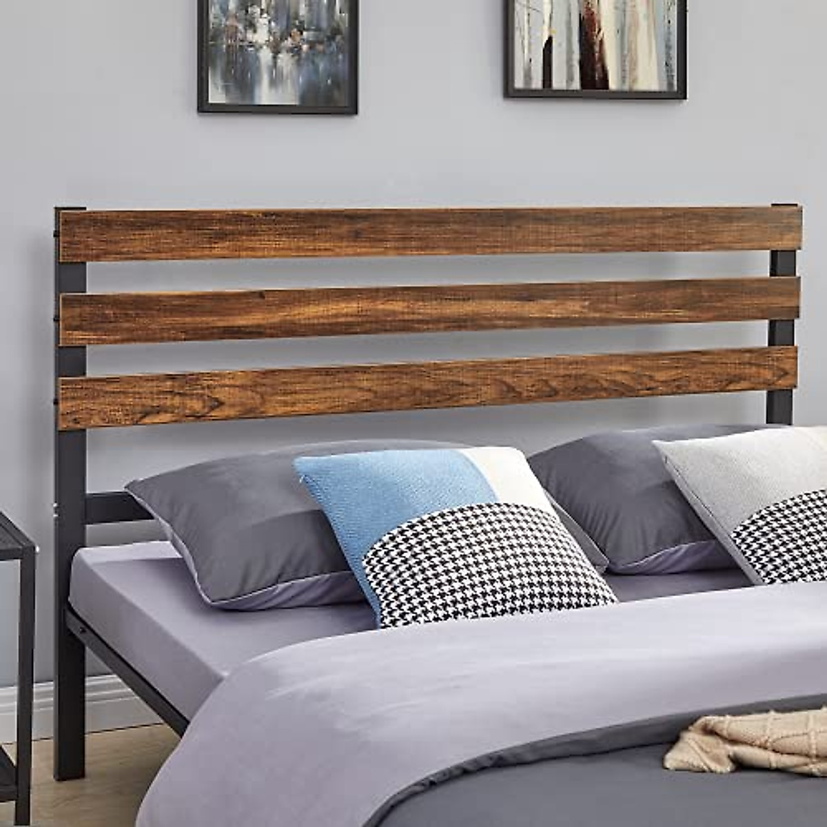 GreenForest Queen Bed Frame with Wooden Headboard Platform Bed with Metal Support Slats NO-Noise Heavy Duty Bed Industrial Country Style with 9 Strong Legs No Need Box Spring, Queen