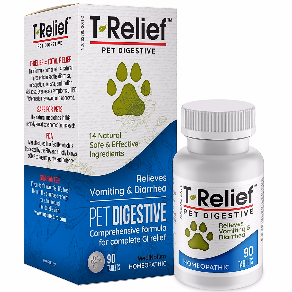 T-Relief Pet Digestive Complete GI Relief for Dog & Cat Soothing Aloe + 13 Natural Homeopathic Actives Help Calm Nausea & Diarrhea from Mild Illness Food Stress or Motion Sickness - 90 Tablets