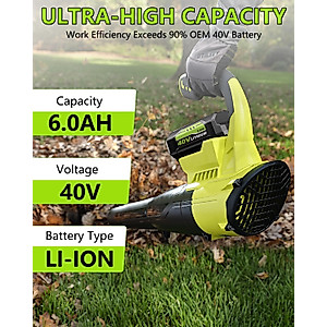 Upgraded 6.0Ah OP4026 Replacement for Ryobi 40V Battery OP40501 OP40602 OP4040 OP40401 6000mAh High Capacity 40 Volt Lithium-Ion Batteries Perfectly Compatible with Ryobi 40 V Power Tools & Charger