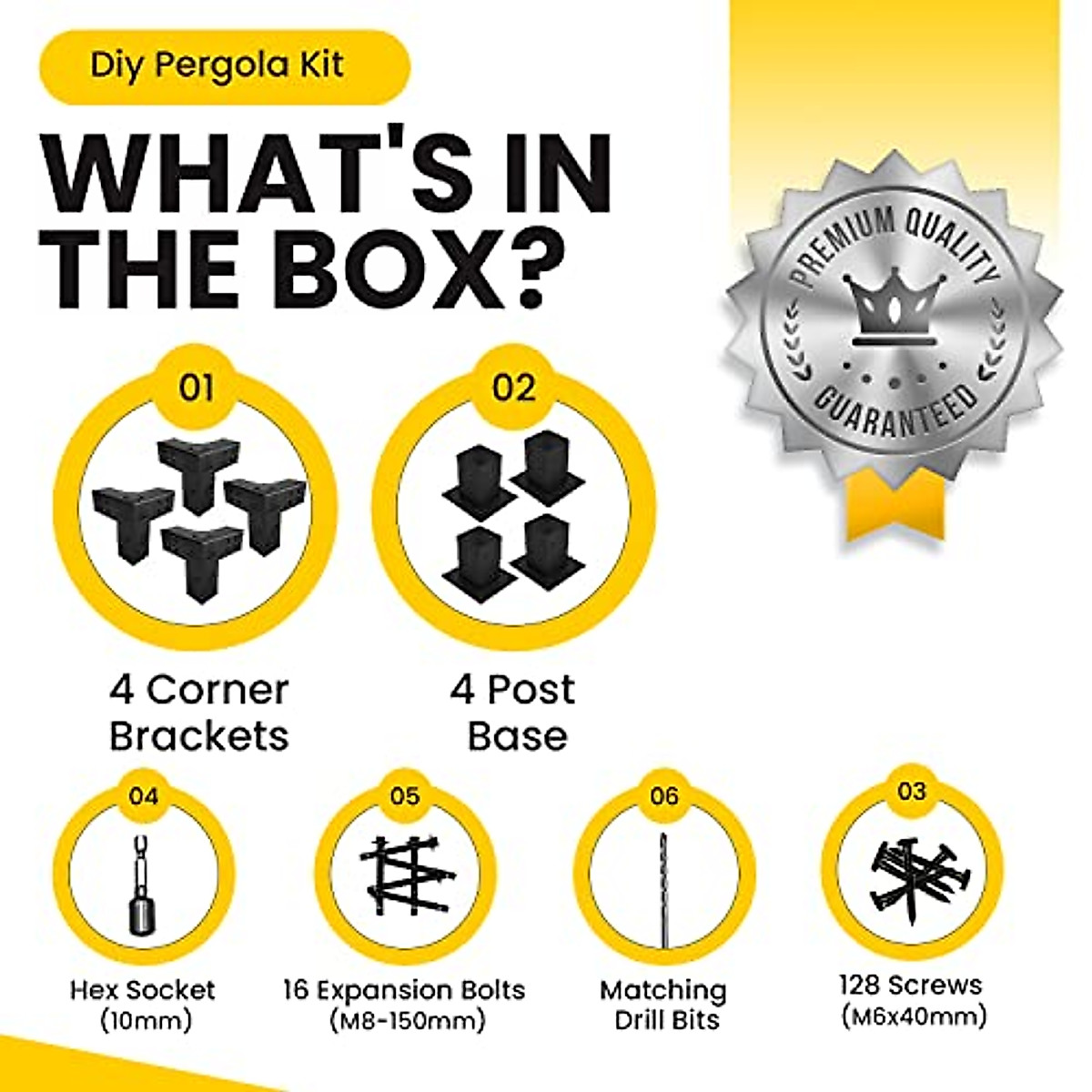 EZ Shades - DIY Pergola Brackets Kit for 4x4 Lumber, (4) Black Steel Corner Brackets and (4) Post Base,Powder Coated Pergola Hardware with Accessories. (EZFSG2)